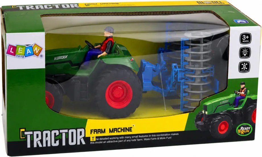 LEAN Toys Traktor se zemědělským válcem a zemědělcem, dálkově ovládaný RC, zelený, měřítko 1:24