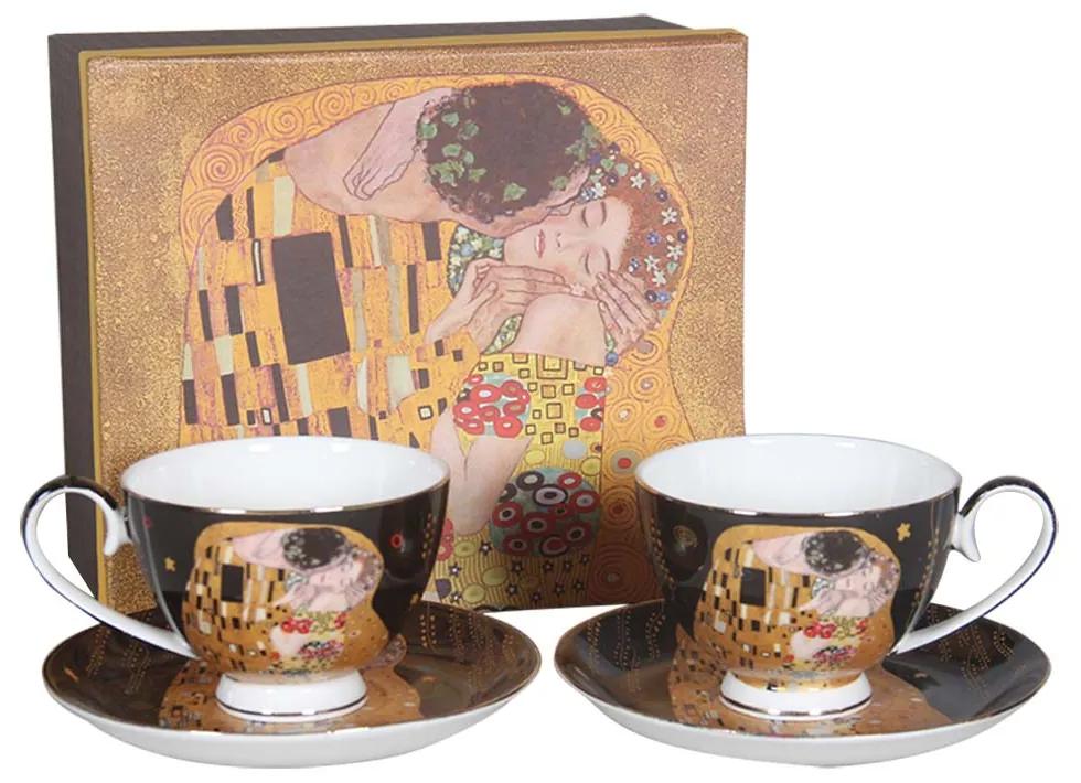 HOME ELEMENTS Porcelánový šálek s podšálkem 2 x 250 ml, Klimt  Polibek tmavý
