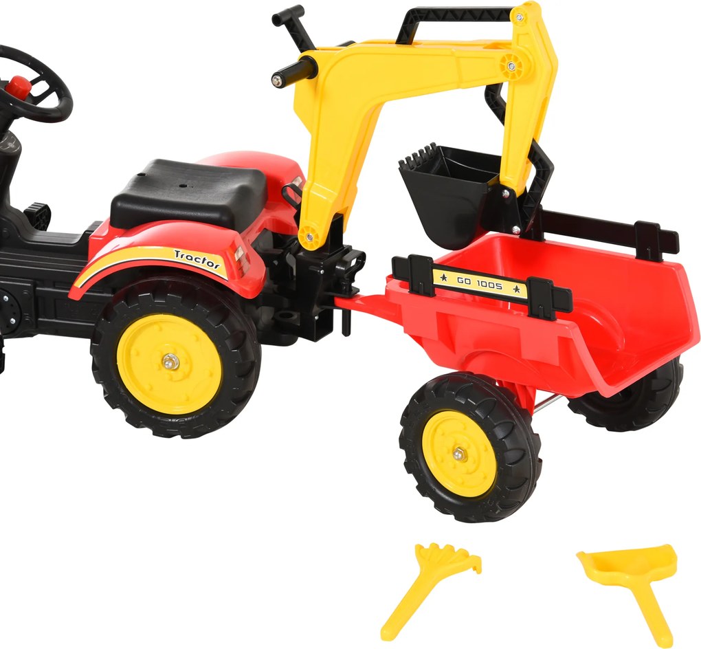 HOMCOM Šlapací traktor s přívěsem a čelním nakladačem, šlapací bagr pro děti od 3 let, červený, 179 x 42 x 59 cm, ideální pro zábavu a hry | Aosom.de
