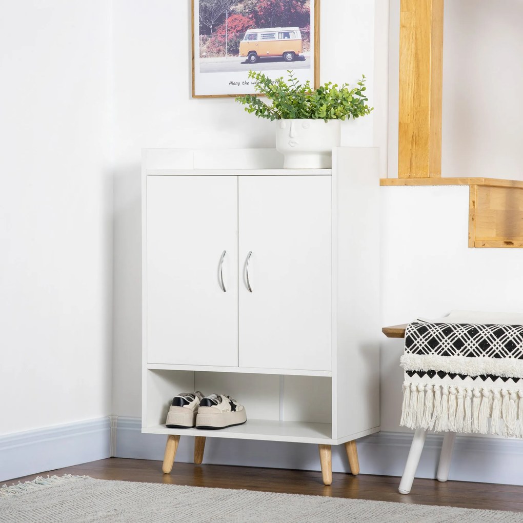HOMCOM Moderní botník se 2 dveřmi a 4 policemi pro 12 párů bot, ideální do předsíně, obývacího pokoje, ložnice 60x30x92 cm Bílý