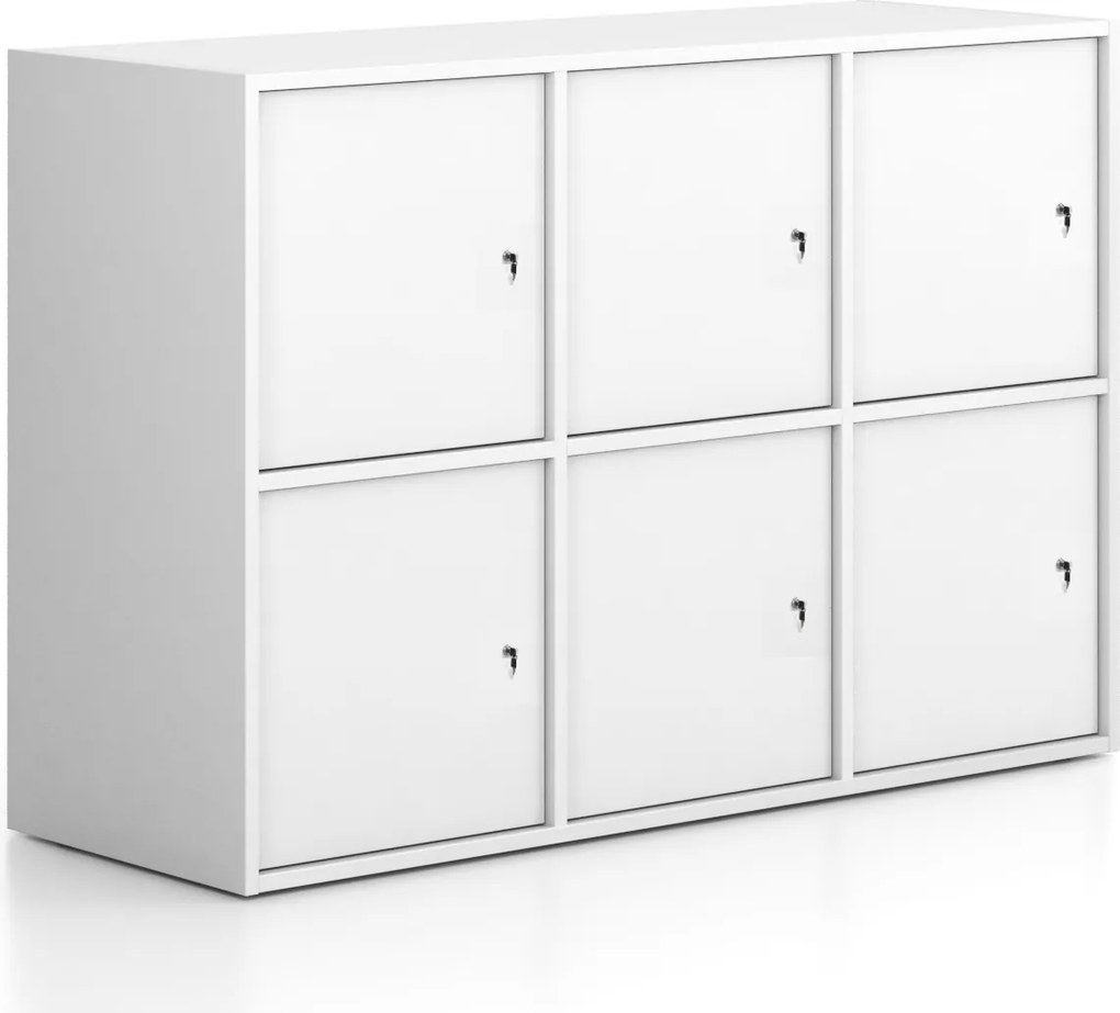 Kancelářská skříň FRAME, nízká, 6x dveře, 1299 x 450 x 881 mm, cylindrický zámek, bílá