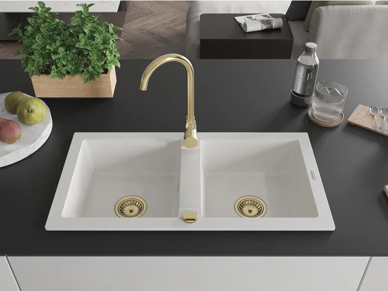Mexen Mario, granitový dřez 820x436x161 mm, 2-komorový, bílá se zlatým sifonem, 6504822000-20-G
