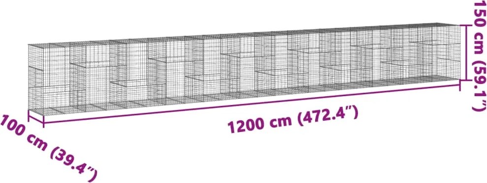 Gabionový koš s víkem 1 200 x 100 x 150 cm pozinkované železo 3295224