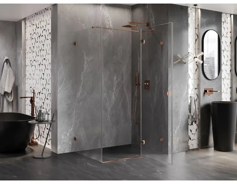 Mexen Lunar T, pravý výklopný sprchový kout 140 x 70 cm, 8mm čiré sklo, profil růžové zlato, 834T-140-070-60-00-P