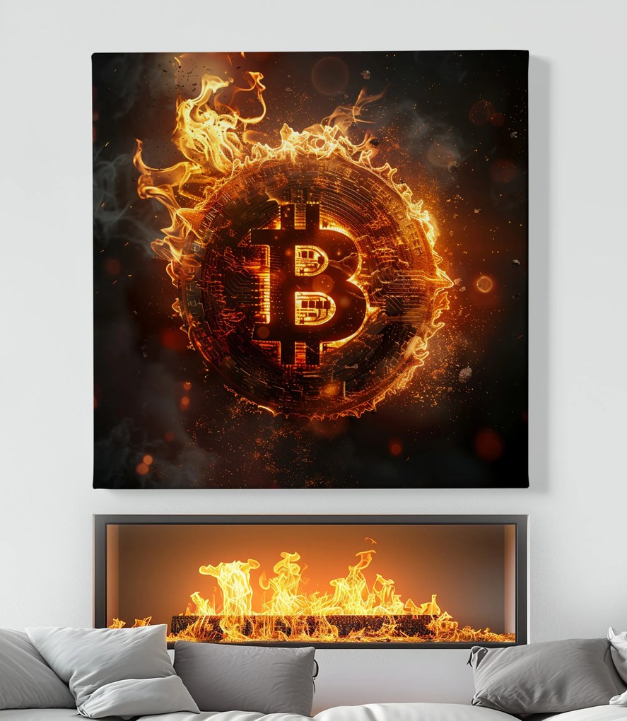 Obraz na plátně - Bitcoin Ohnivé logo FeelHappy.cz Velikost obrazu: 100 x 100 cm