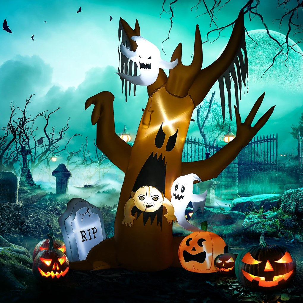 HOMCOM Halloween dekorace, 2,40 m vysoký strašidelný strom, samonafukovací, LED osvětlení, pro venkovní použití