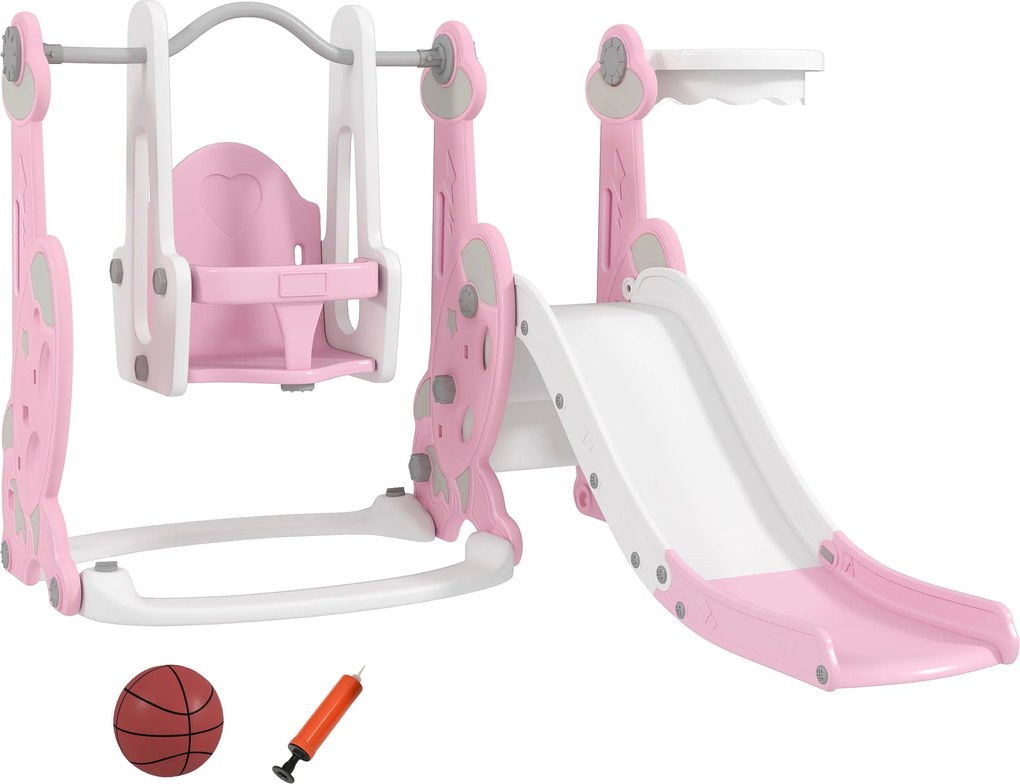 AIYAPLAY Dětské skluzavky 4 v 1 Dětské hřiště se sinkou a skluzavkou, lezecká stěna, koš na basketbal, raketové téma pro indoor hru, Růžová a Bílá | A
