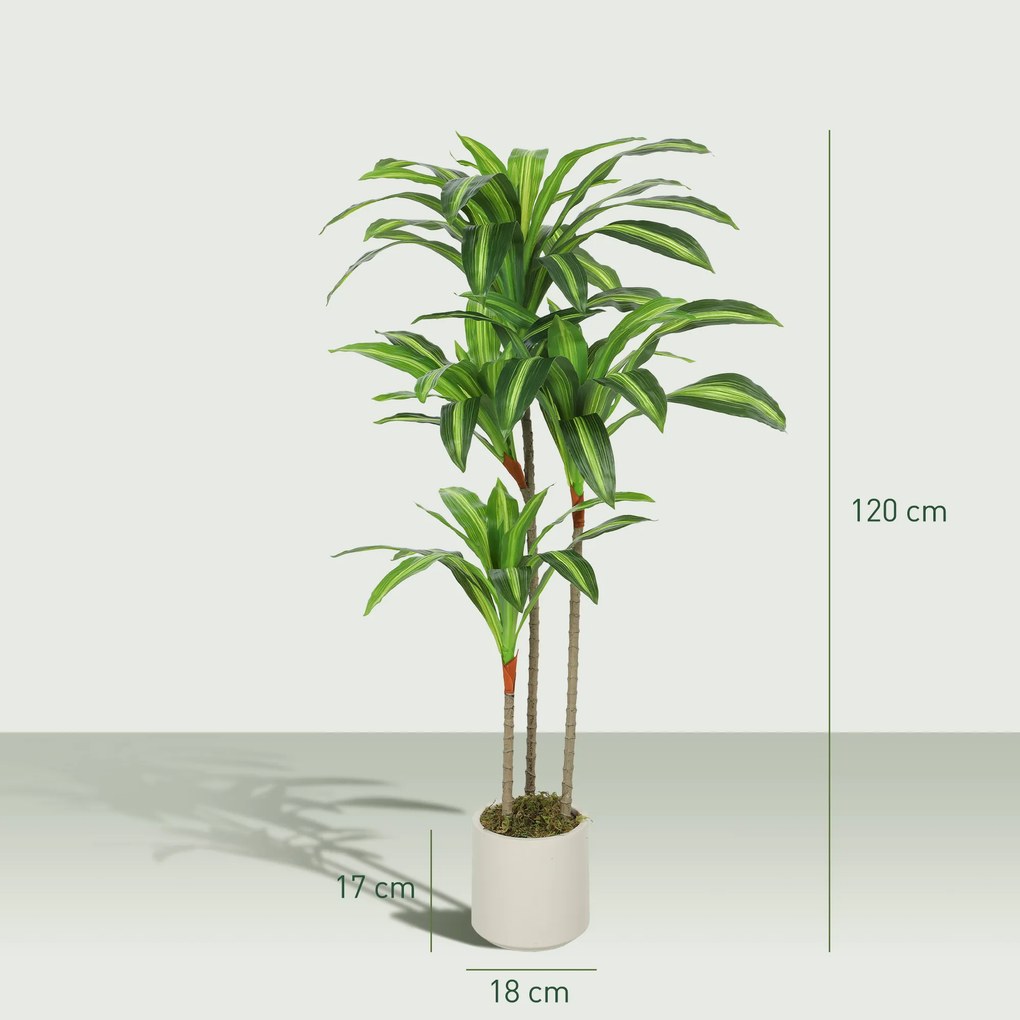HOMCOM umělá rostlina Dracaena s ohebnými větvemi, bílý květináč (PP + cement) – listy PEVA, dřevěný kmen, 60 × 40 × 120 cm