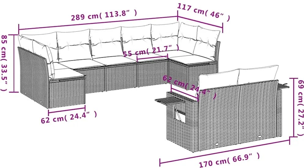 9dílná zahradní sedací souprava s poduškami černá polyratan 3252952