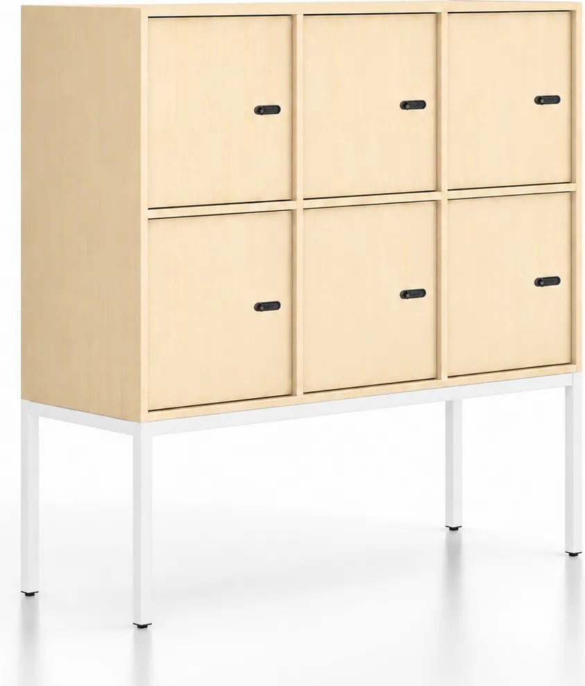 Kancelářská skříň FRAME, nízká, bílá podnož, 6x dveře, 1299 x 450 x 1331 mm, mechanický kódový zámek, bříza