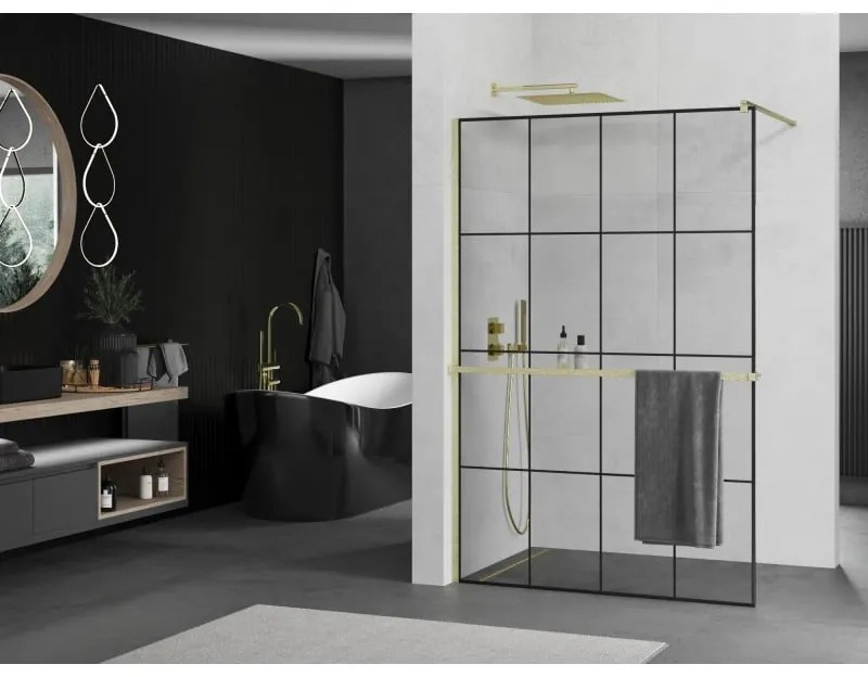 Mexen Kioto+, sprchová zástěna Walk-In s poličkou a věšákem 140 x 200 cm, 8mm čiré sklo černý vzor, zlatý matný profil, 800-140-121-55-77