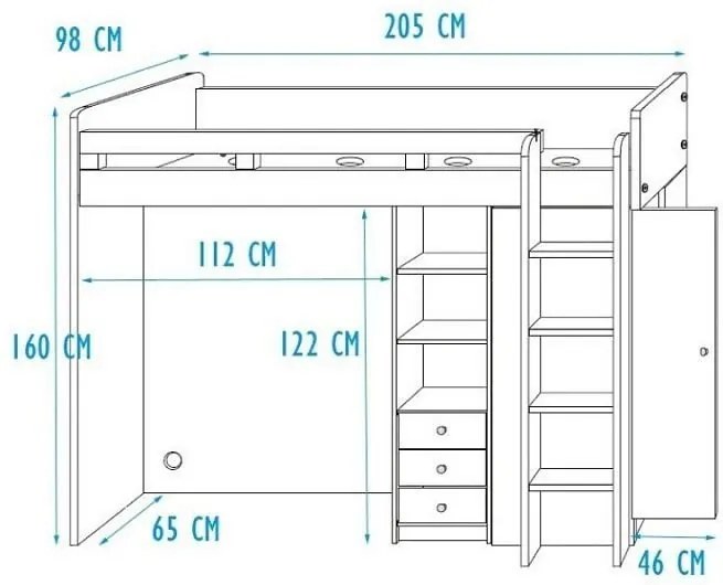 Patrová postel se skříňí, knihovnou a stolem UNITA, dub sonoma/bílá, PRAVÁ