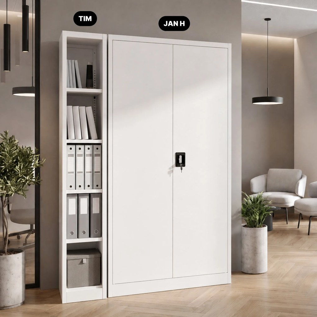 Úzký kovový archivační regál na dokumenty bílý, 250x1950x600 mm: TIM