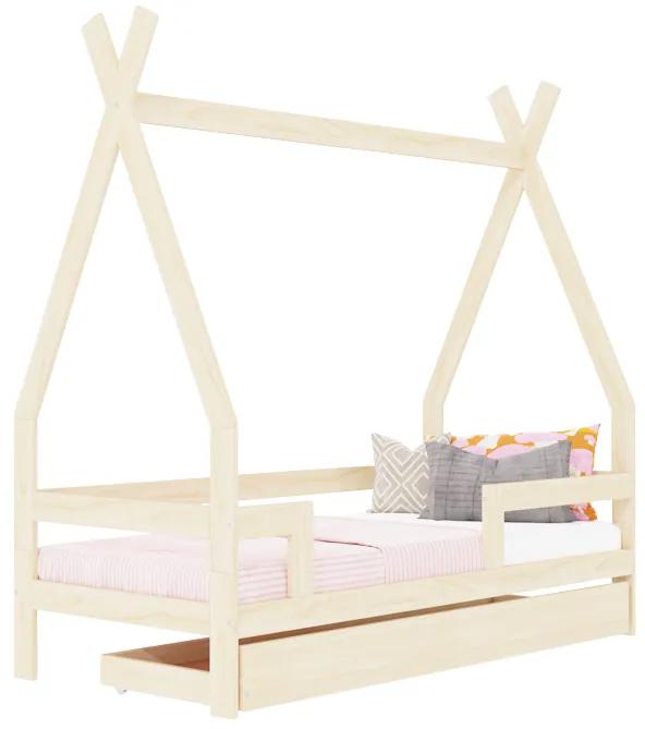 Benlemi Dětská dřevěná postel SAFE 5v1 ve tvaru teepee se zábranou a úložným šuplíkem Zvolte barvu: Béžová, Zvolte rozměr: 90x160 cm, Zvolte zábranu: Se dvěma zábranami