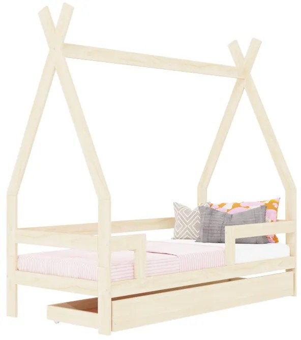 Benlemi Dětská dřevěná postel SAFE 5v1 ve tvaru teepee se zábranou a úložným šuplíkem Zvolte barvu: Béžová, Zvolte rozměr: 90x190 cm, Zvolte zábranu: S otevřeným vstupem