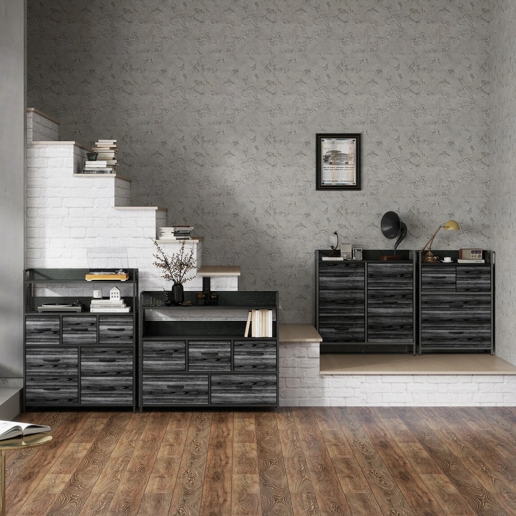 HOMCOM komoda, sideboard, 4 látkové zásuvky, průmyslový design, 60x29x85 cm, černá