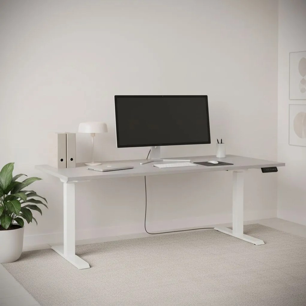 Výškově nastavitelný stůl OfficeTech C, 200 x 80 cm, bílá podnož, světle šedá