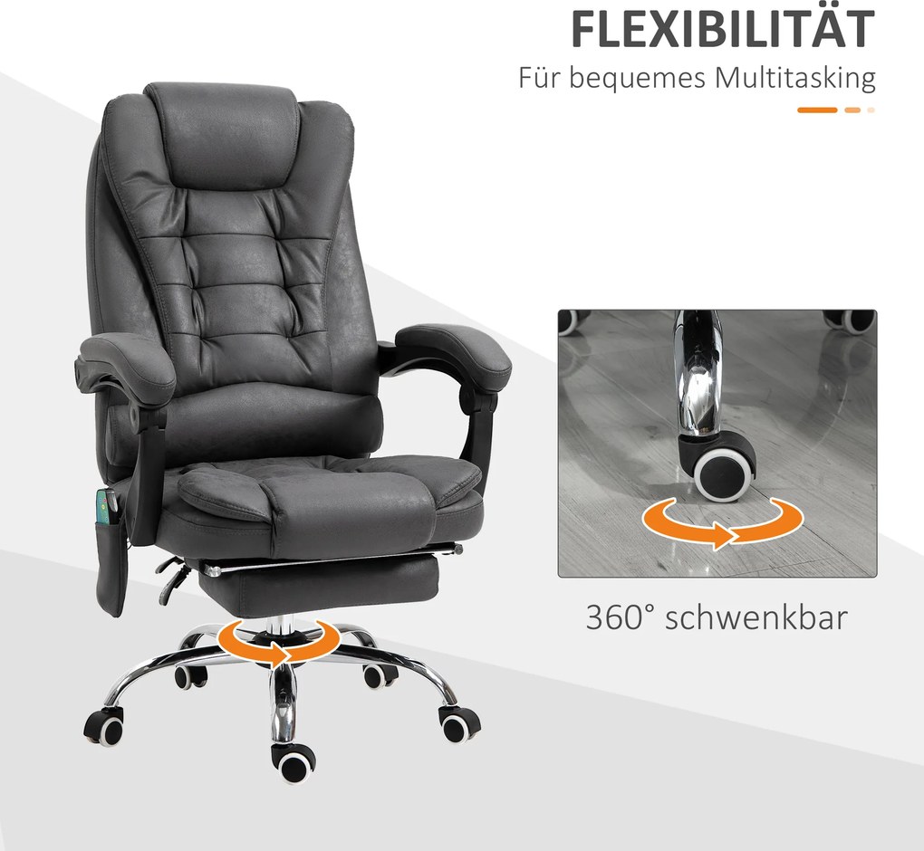 Kancelářská židle Vinsetto s masážní a vyhřívací funkcí, ergonomická, 6 masážních bodů, podnožka, dálkové ovládání, polyester, 65 x 160 x 104 cm, šedá