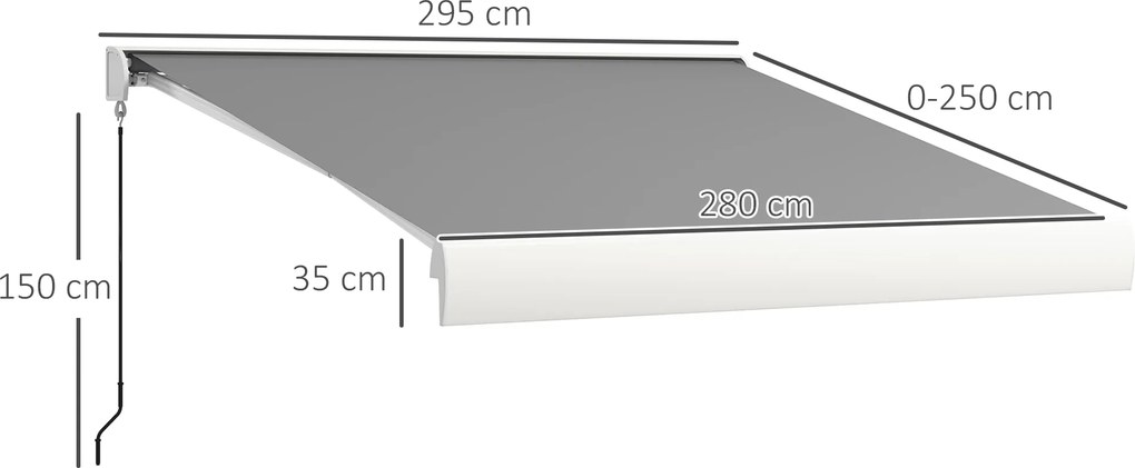 Markýza, elektricky/manuálně výsuvná, plná kazeta, dálkové ovládání, hliníkový rám, 3 x 2,5 m, světle šedá