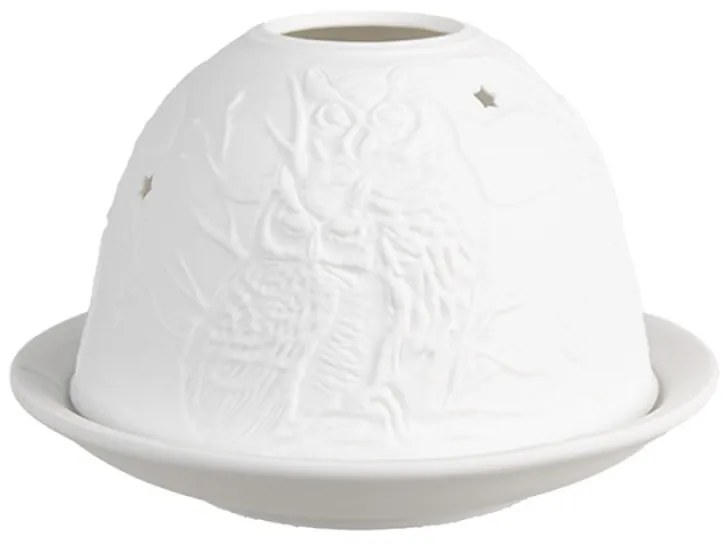 Bílý porcelánový svícen na čajovou svíčku se sovami ve větvích stromů – 12x8 cm