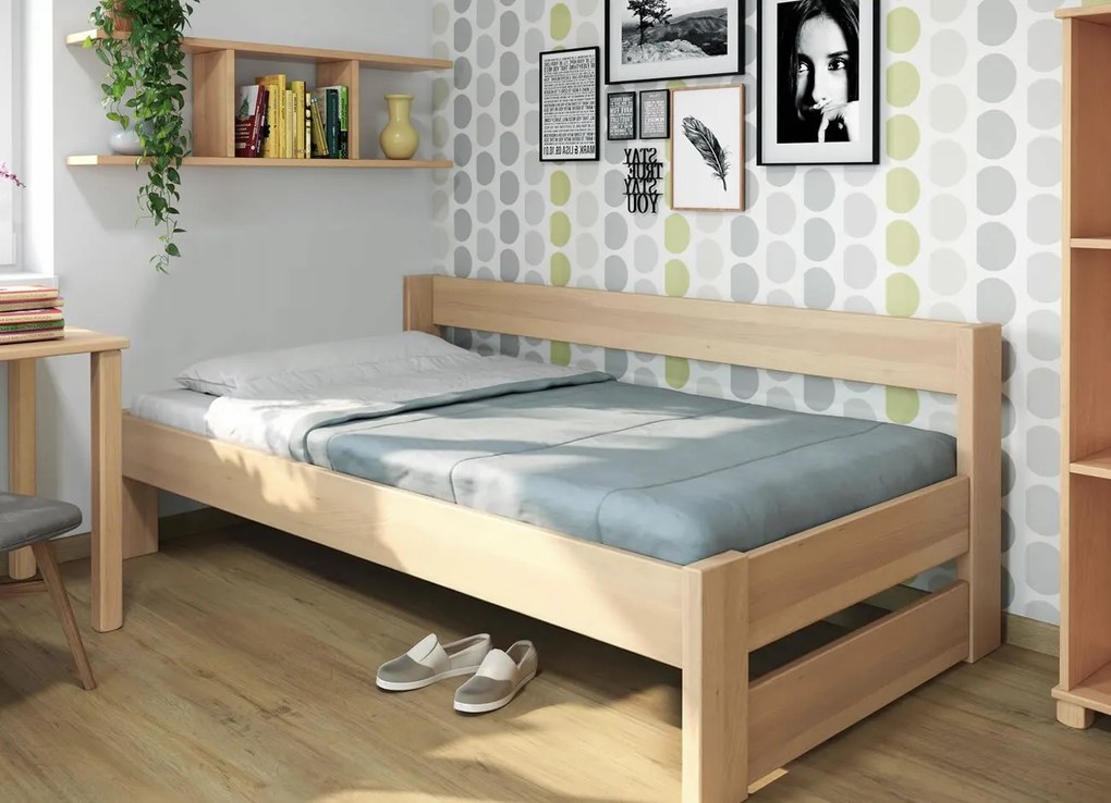 Zvýšená postel jednolůžko ELA s bočním čelem, 120x200, masiv buk