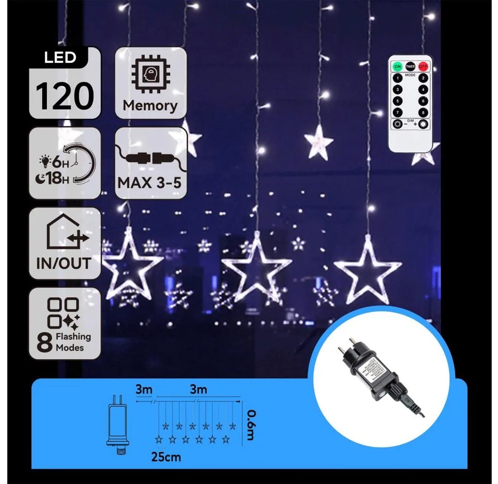 Aigostar - LED Ven. ván. řetěz 120xLED/6W/230V/8 funkcí 3x0,6m IP44 stud bílá+DO