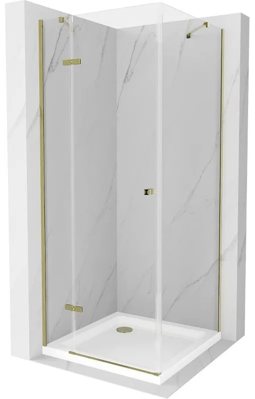 Mexen Roma sprchový kout s otočnými dveřmi 90 x 90 cm, Průhledné, Zlatá + sprchová vanička Flat - 854-090-090-50-00-4010