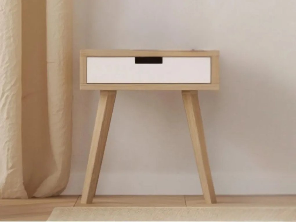 Designový noční stolek se šuplíkem LUNA bílý Zvolte kvalitu dřeva: 2. Kombinace dubového masivu a dýhované DTD desky