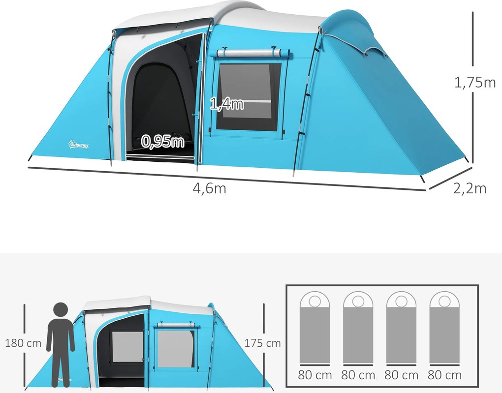 Rodinný stan Outsunny pro 3-4 osoby se 2 ložnicemi - 4 dveře a 4 okna, potažený nepromokavým materiálem, rozměry 460L x 220W x 175H cm | Aosom