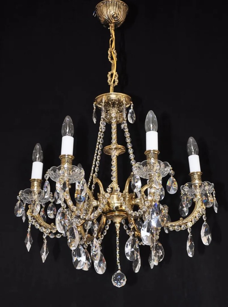 6 Arms Crystal cast brass chandelier - Gold brass &amp; Hand blown bobeches