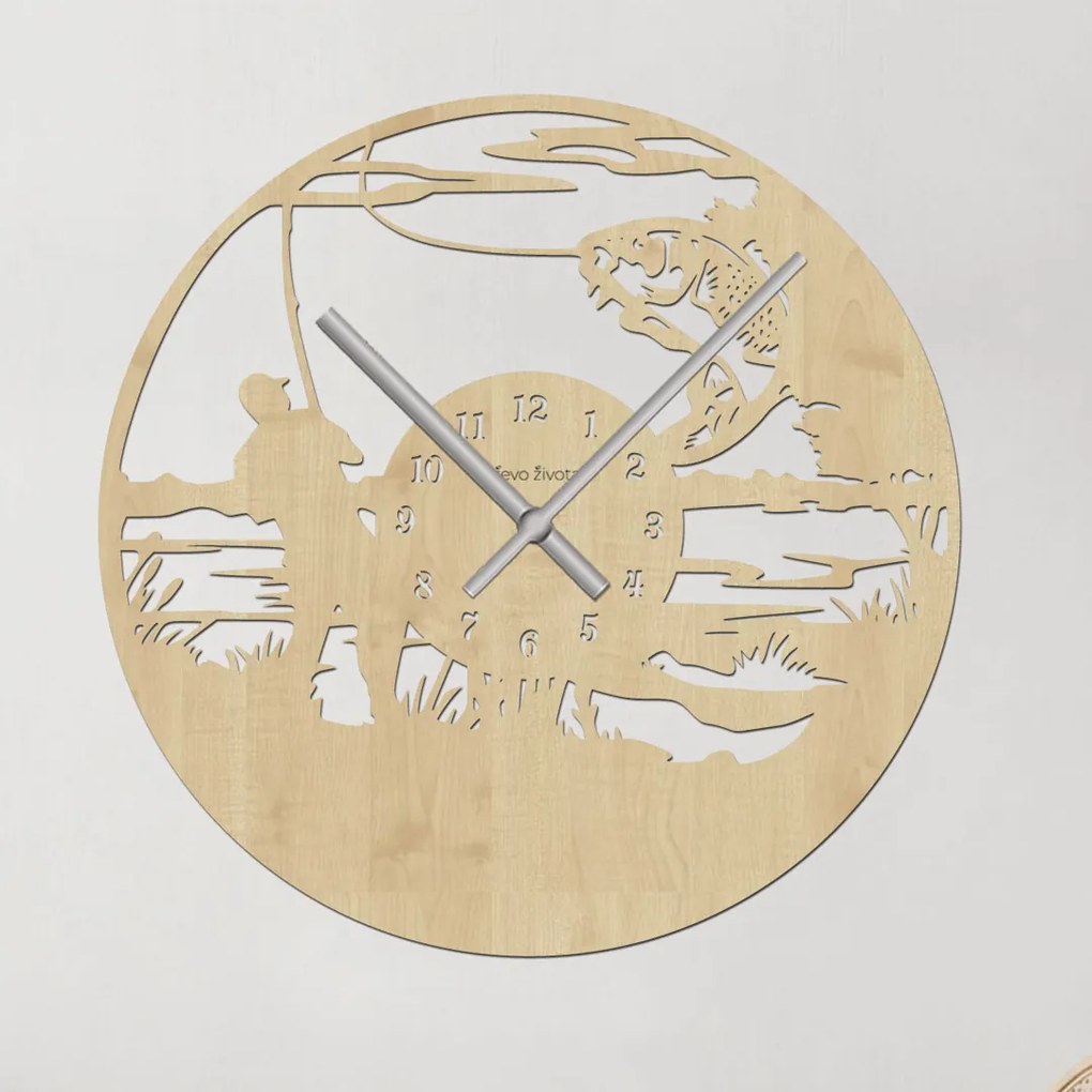 dřevo života Rybářské nástěnné hodiny Zvolte barvu dekoru: Bílá, Zvolte velikost hodin (cm): 50x50, Barva ručiček: Černé