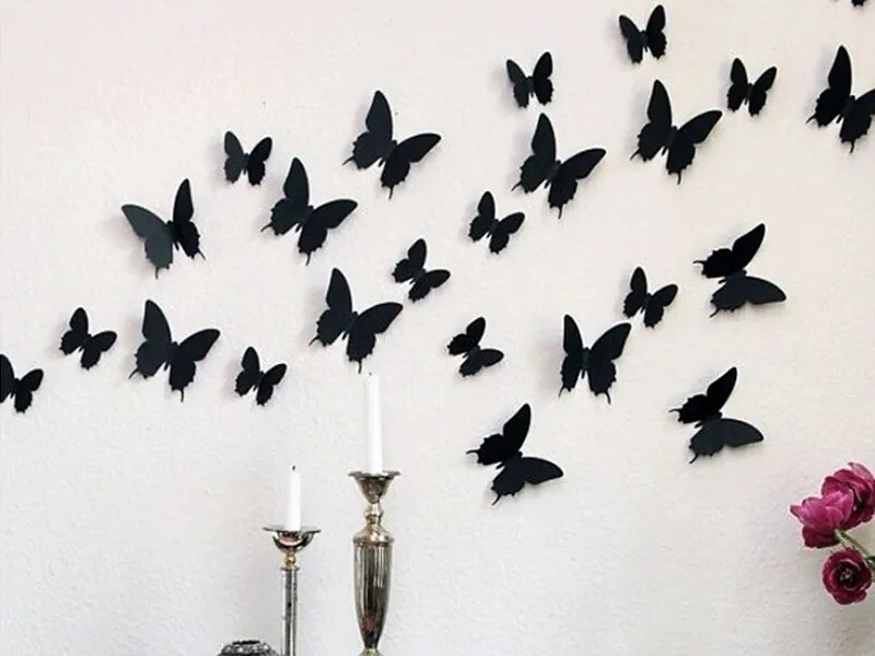 Nalepte.cz 3D dekorace motýli černá 12 ks šíře 6 x 10 cm, šíře 6 x 5 cm