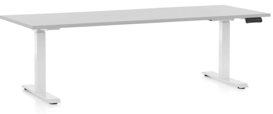 Výškově nastavitelný stůl OfficeTech D, 200 x 80 cm, bílá podnož, světle šedá