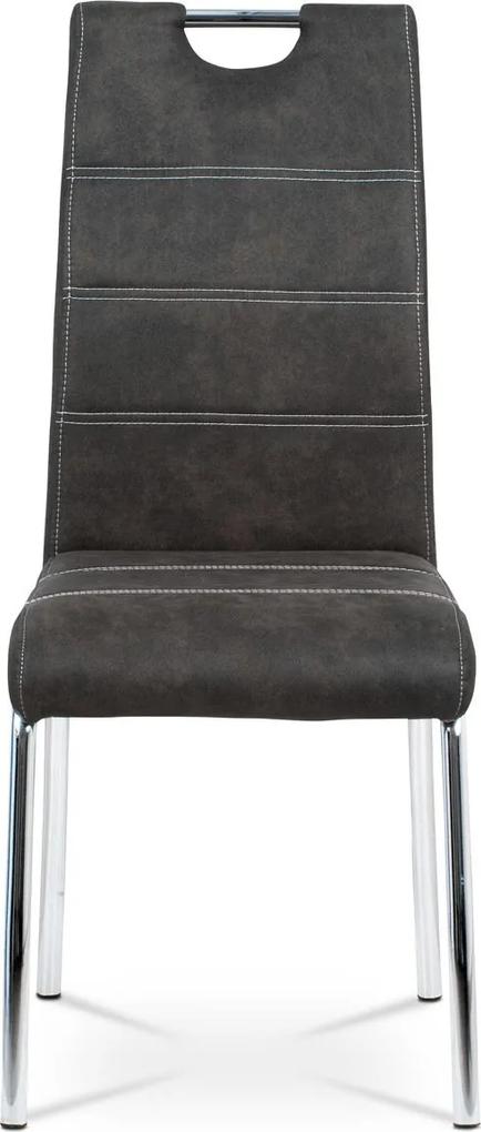 Autronic Jídelní židle HC-486 GREY3, šedá látka COWBOY v dekoru vintage kůže, bílé prošití/kov