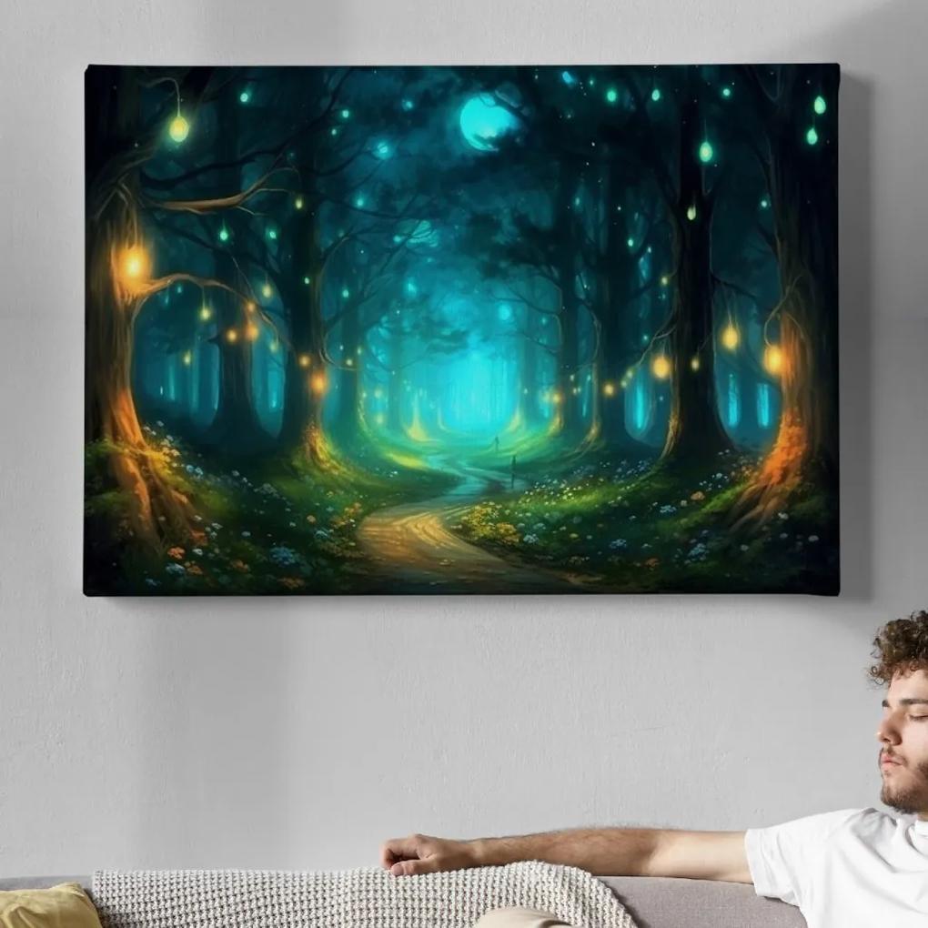 Obraz na plátně - Noční les osvícený měsícem a světluškami FeelHappy.cz Velikost obrazu: 150 x 100 cm