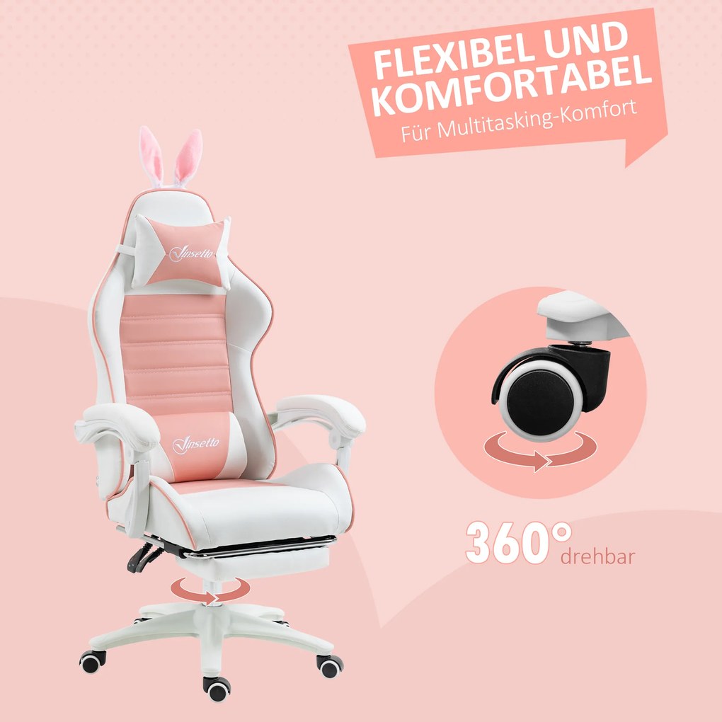 Ergonomická herní židle Vinsetto s bederní podporou, podnožkou a ušima králíčka, polštářkem na hlavu, kancelářská židle s nastavitelnou opěrkou zad R…