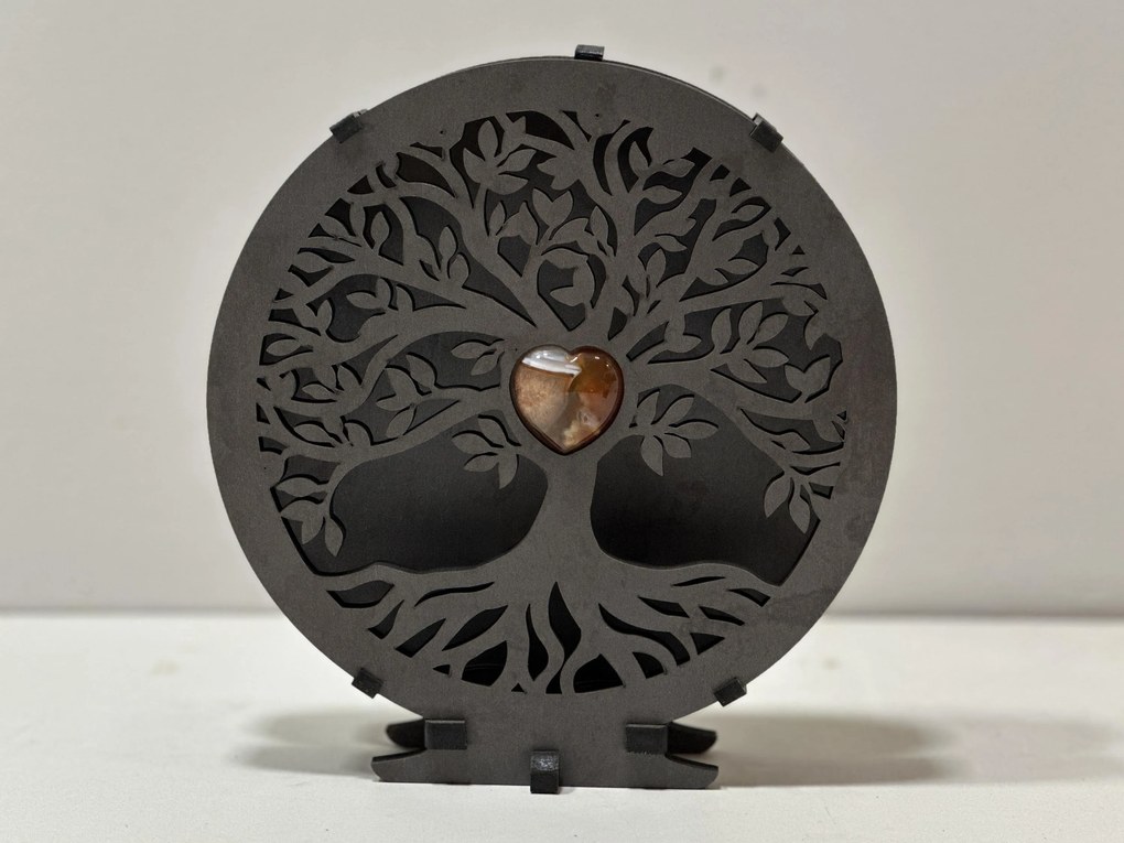 Li-Go "Strom života s podsvíceným achátovým srdcem" dřevěná lampa, černá s patinou  20x22cm