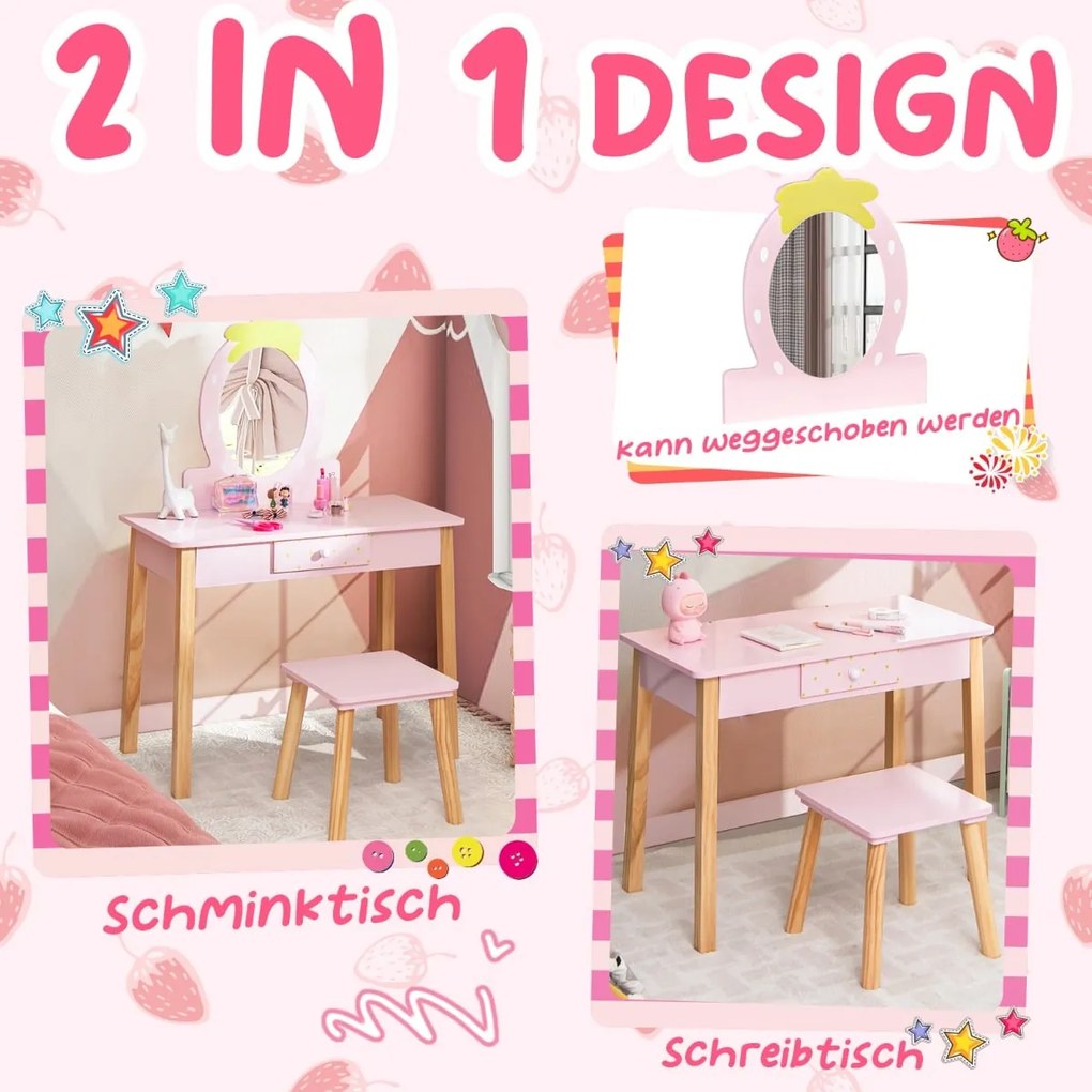 Costway Dřevěná 2 ve tvaru jahody v 1 Dětská make-upová sada se stoličkou