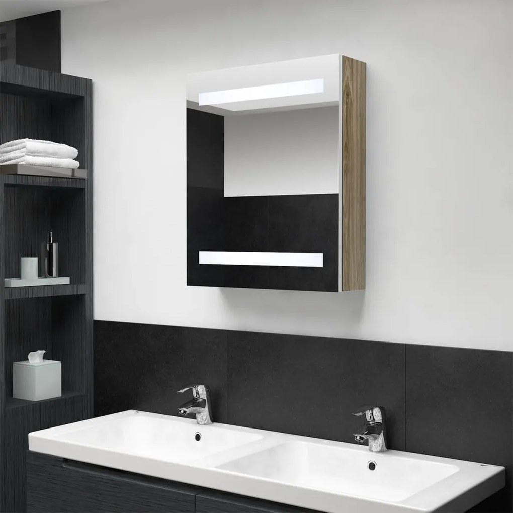 LED koupelnová skříňka se zrcadlem bílá a dub 50 x 14 x 60 cm 326485