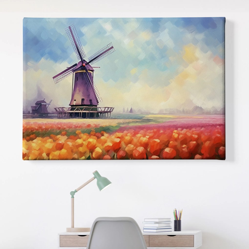 Obraz na plátně - Tulipánové pole s větrným mlýnem FeelHappy.cz Velikost obrazu: 150 x 100 cm