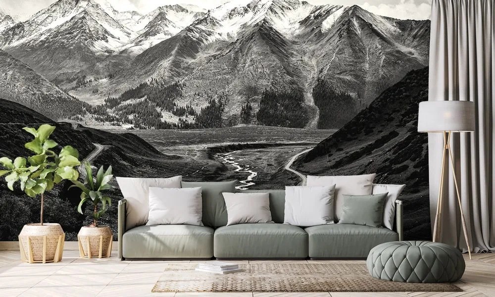 Tapeta krásné horské údolí v černobílém provední - 225x150 cm