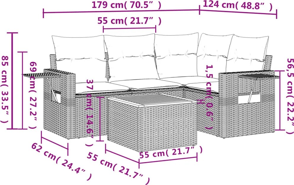 vidaXL 5dílná zahradní sedací souprava s poduškami polyratan [3224546] Barva: béžová a šedá