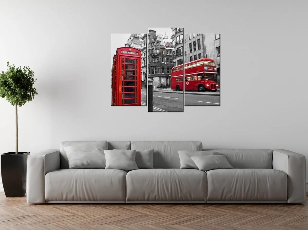 Gario Obraz s hodinami Telefonní budka v Londýně UK - 3 dílný Rozměry: 90 x 70 cm