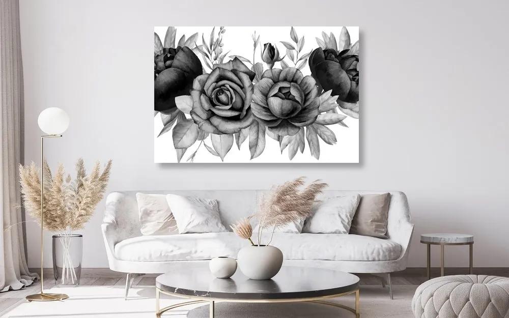 Obraz okouzlující kombinace květů a listů v černobílém provedení - 120x80 cm