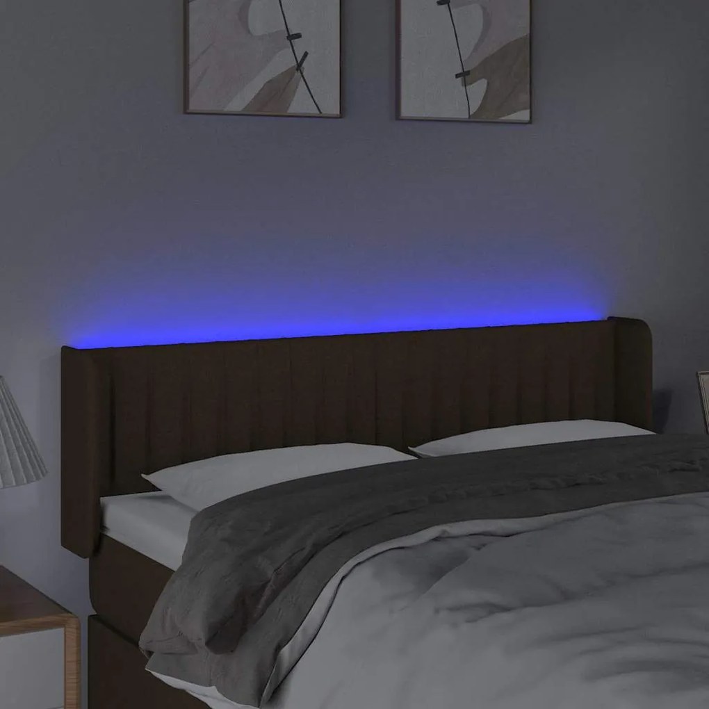 Čelo postele s LED tmavě hnědé 147 x 16 x 78/88 cm textil 3123475