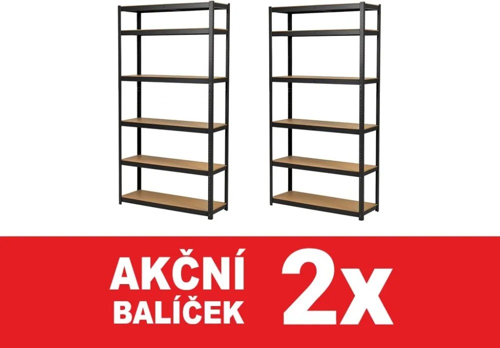 Akce 2x Regál 220x90x60 cm lakovaný 6-policový, nosnost 1050 kg - černý