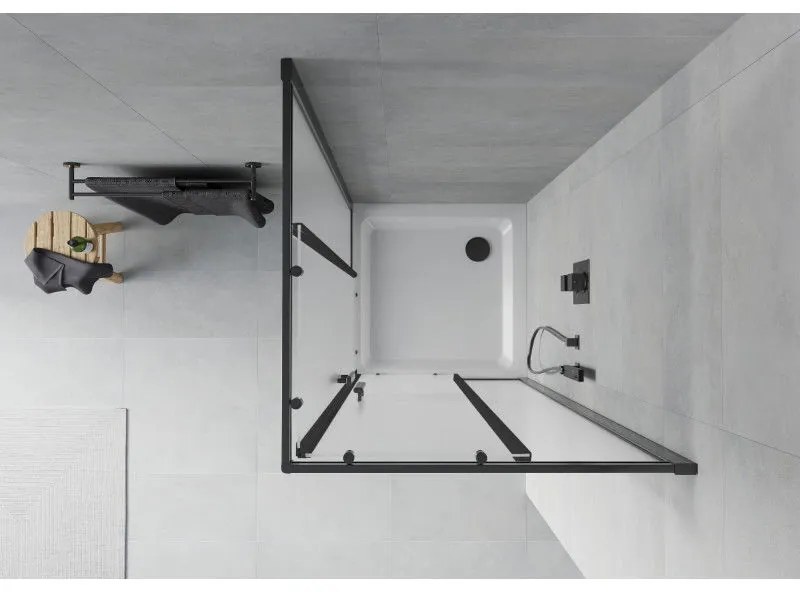 Mexen Rio, čtvercový sprchový kout 80(dveře)x80(dveře)x190 cm, 5mm sklo námraza, černý profil + bílá sprchová vanička SLIM, 860-080-080-70-30-4010B