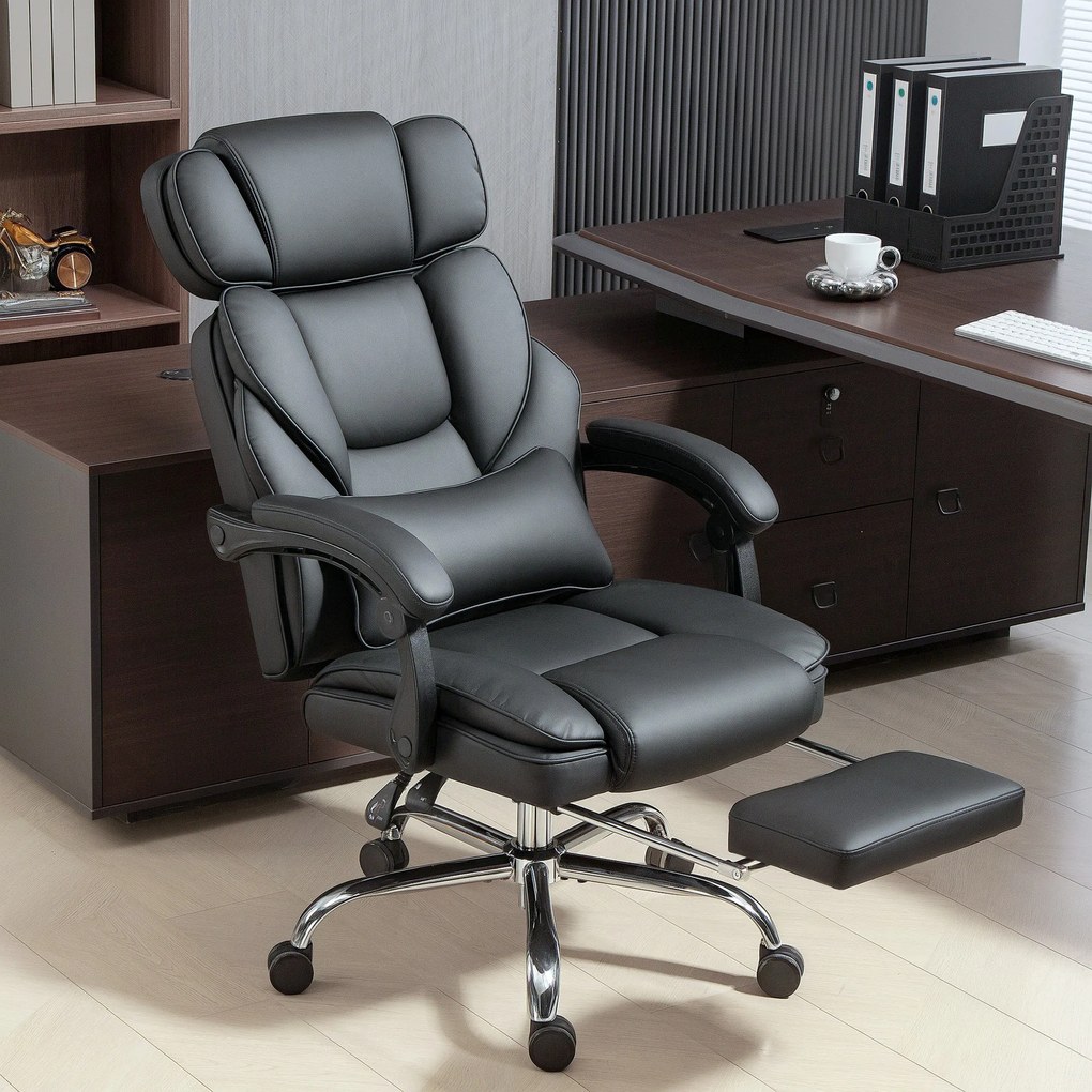 HOMCOM Kancelářská židle ergonomická, výškově nastavitelná, otočná s opěrkou bederní páteře, opěrkami rukou, opěrkou nohou, PU kůže, černá