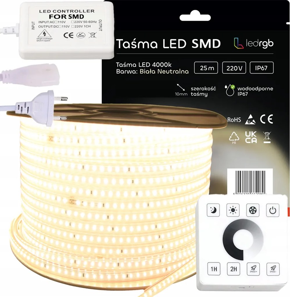 Set Led pásek Smd 230V 25 m 4000K Bílý Neutrální Stmívač Dálkový Ovladač IP67