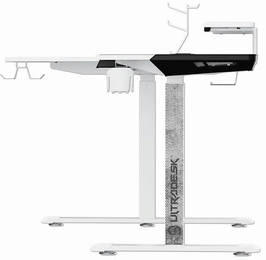 Herní stůl ULTRADESK WINGER – 111x155x60 cm, elektricky nastavitelná výška, RGB podsvícení, bílá Lama Plus